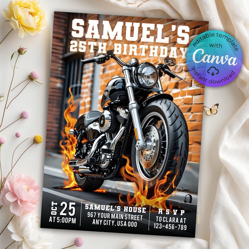 Fire Motorcycle Birthday Invitation, Vintage Motorcycle Invitation ...