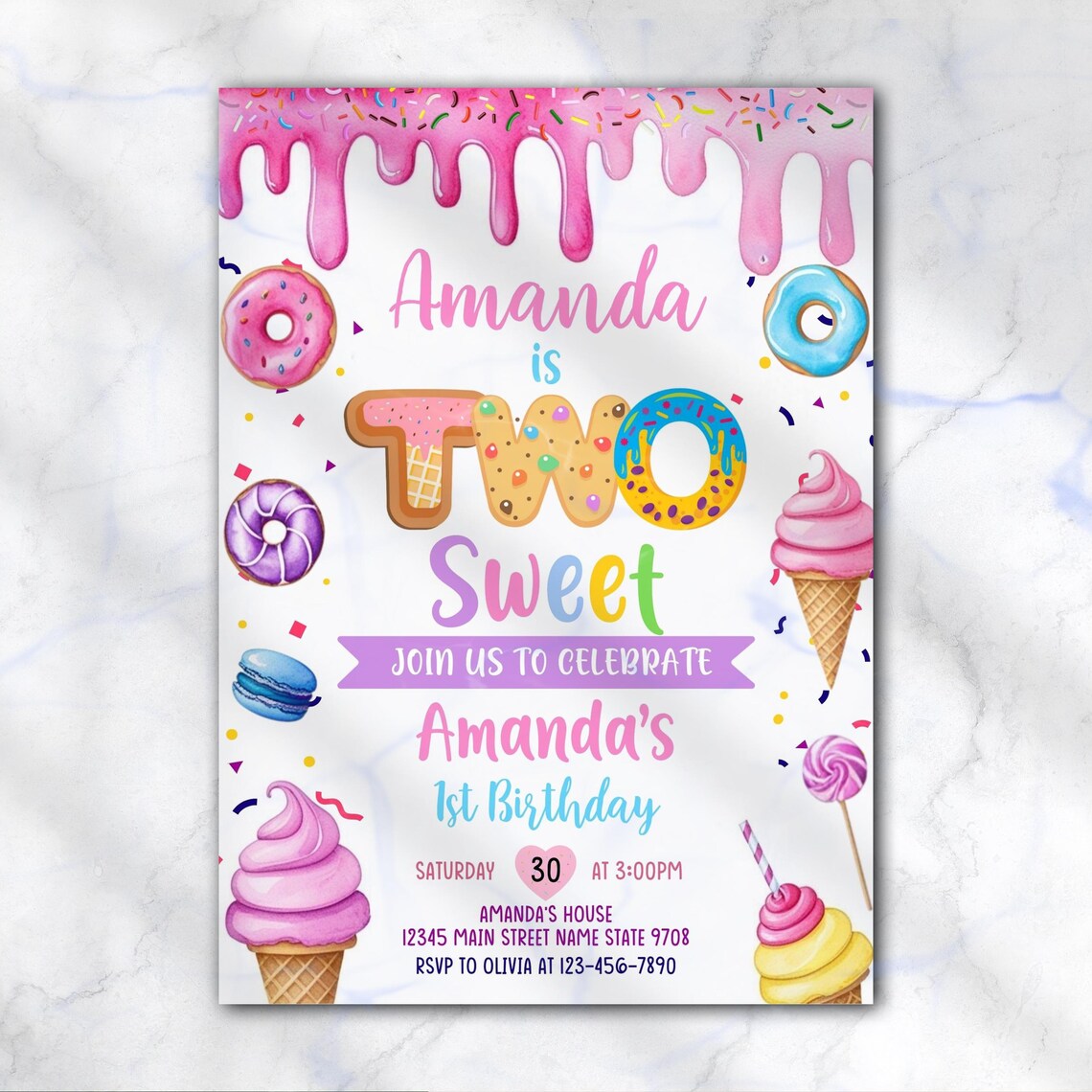 Editable Two Sweet Birthday Invitation, Two Sweet Invitation, 2nd ...
