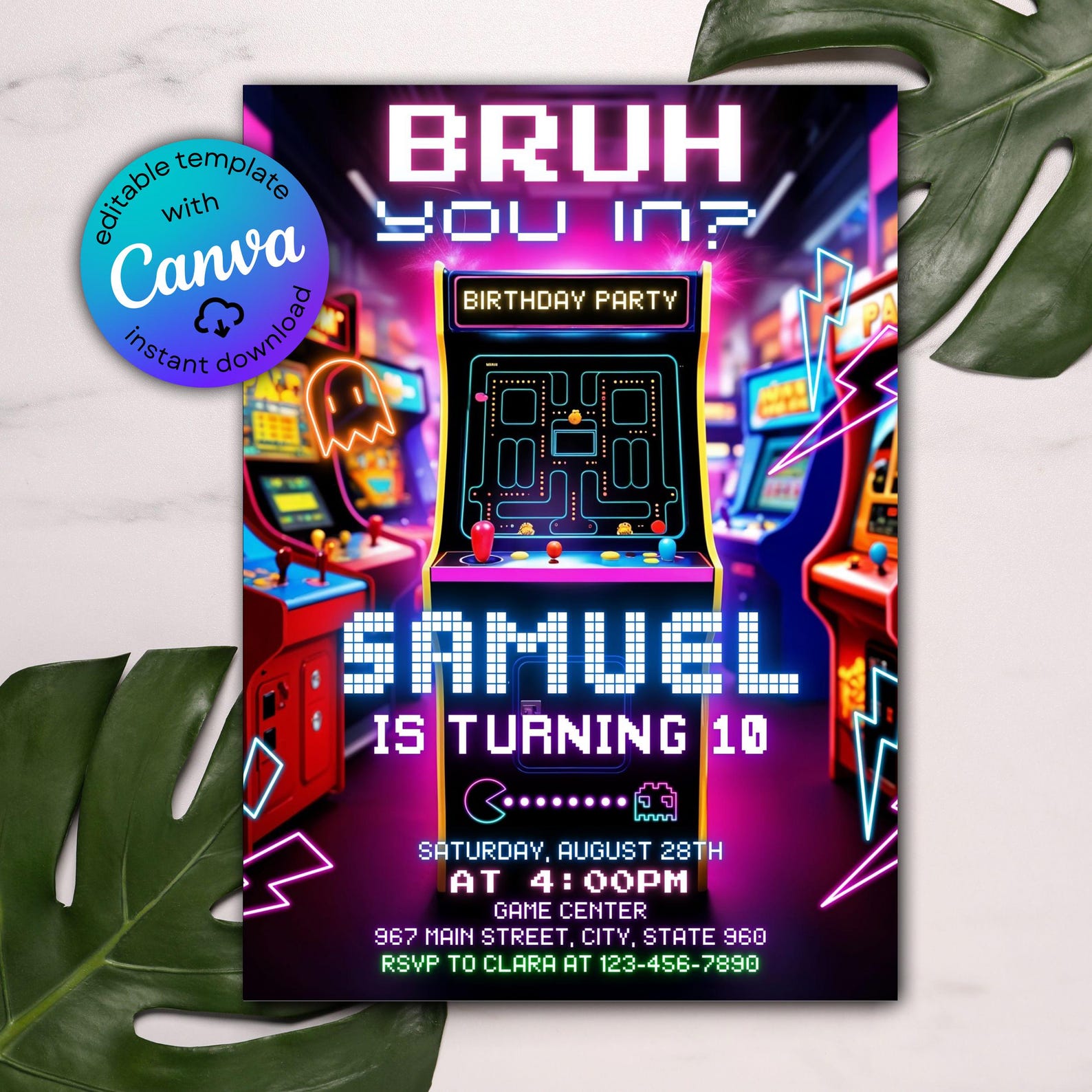 Editable Arcade Birthday Invitation, Neon Glow Video Game Invite, Gamer ...