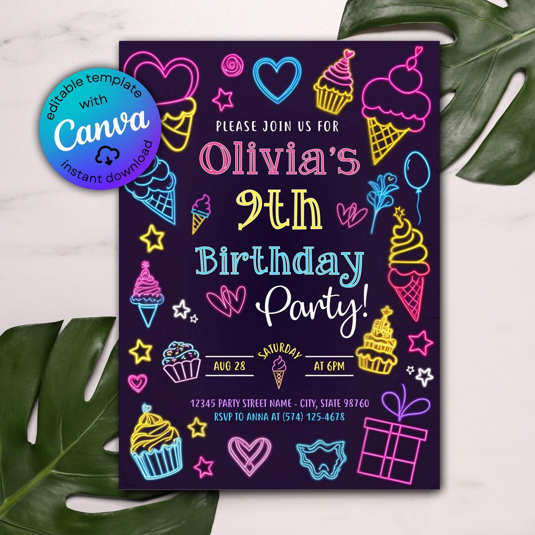 Neon Sweet Invitation, Neon Glow Birthday Invitation, Neon Party Invite ...