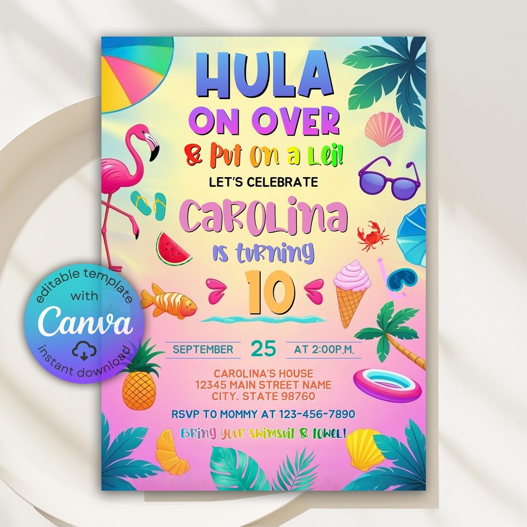 Hula on Over Birthday Invitation, Aloha Luau Invite, Pool Party ...