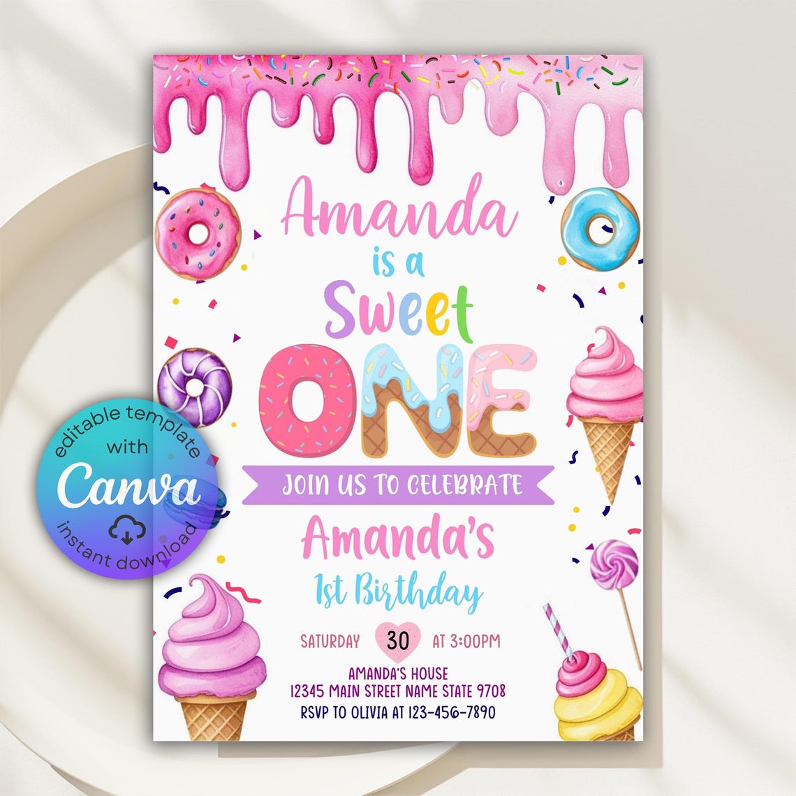 Editable Sweet One Birthday Invitation, Sweet One Invitation, 1st ...