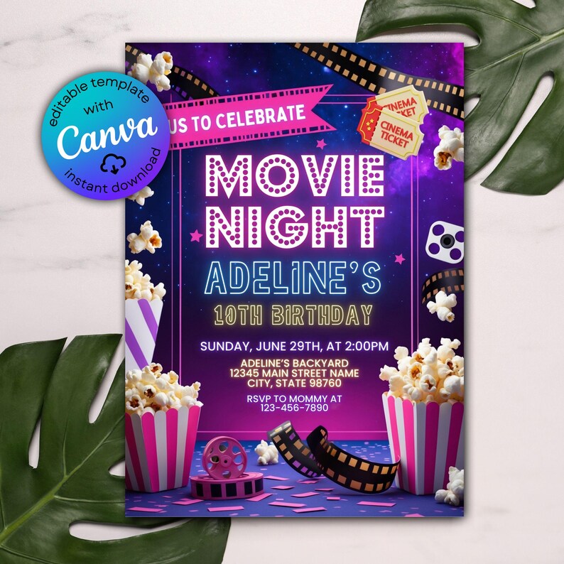 Editable Movie Birthday Invitation, Backyard Movie Night, Movie Theater ...