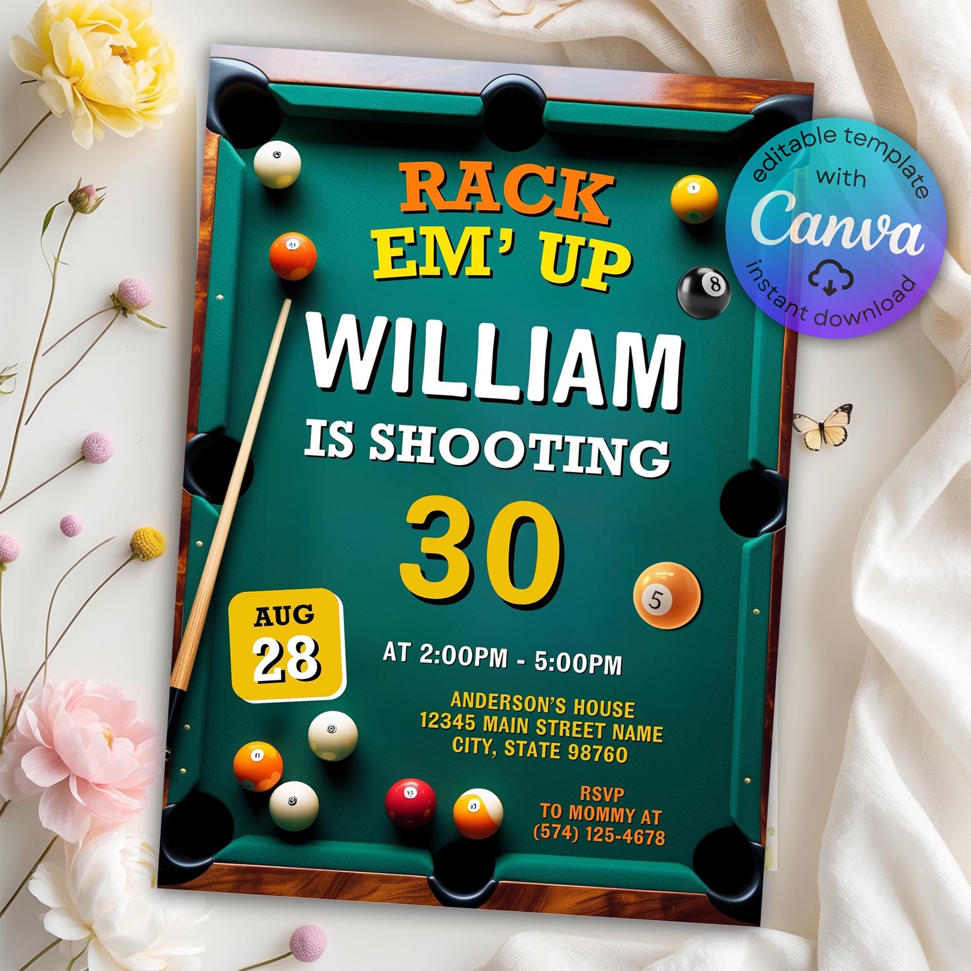 Snooker Pool Billiards Birthday Invitation, Billiards Invitation ...