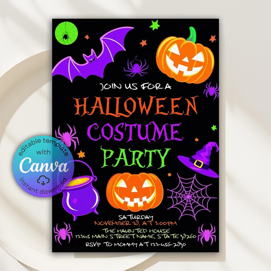 Neon Halloween Costume Party Invitation, Spooky Glow Invite (canva ...