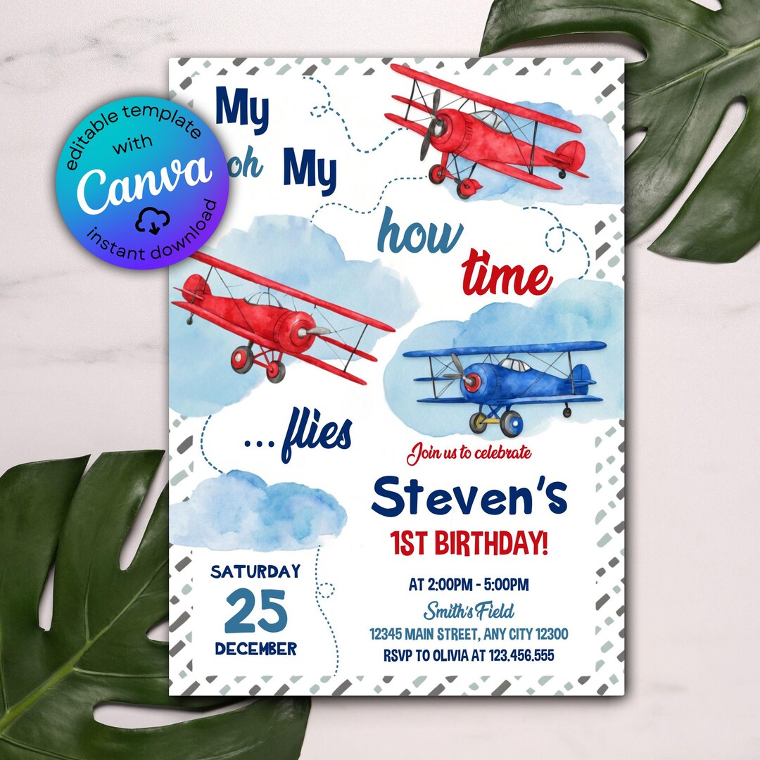 Editable Airplane Birthday Invitation, Time Flies Invitation, Plane ...