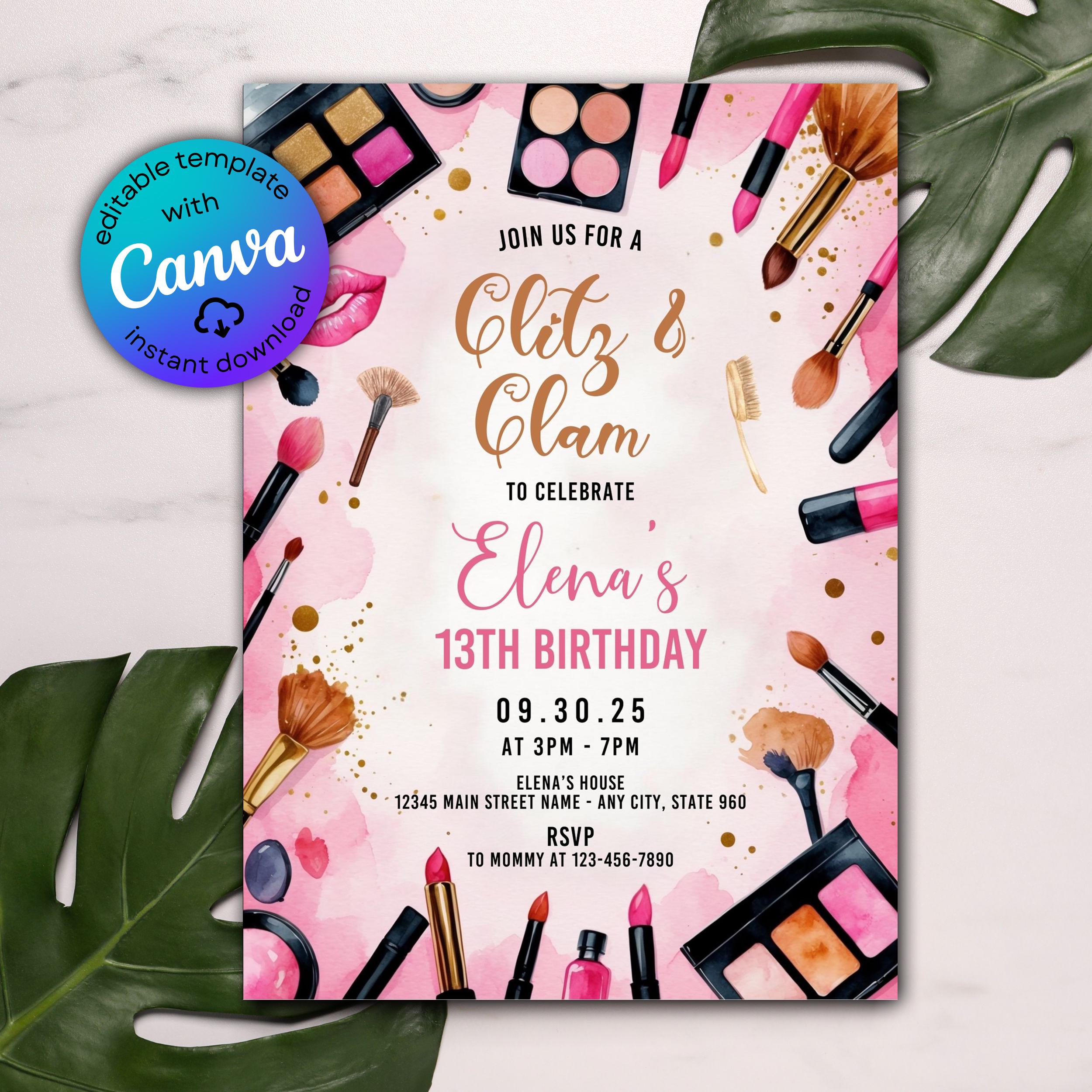 Editable Glitz and Glam Birthday Invitation, Spa Party Invite, Pamper ...