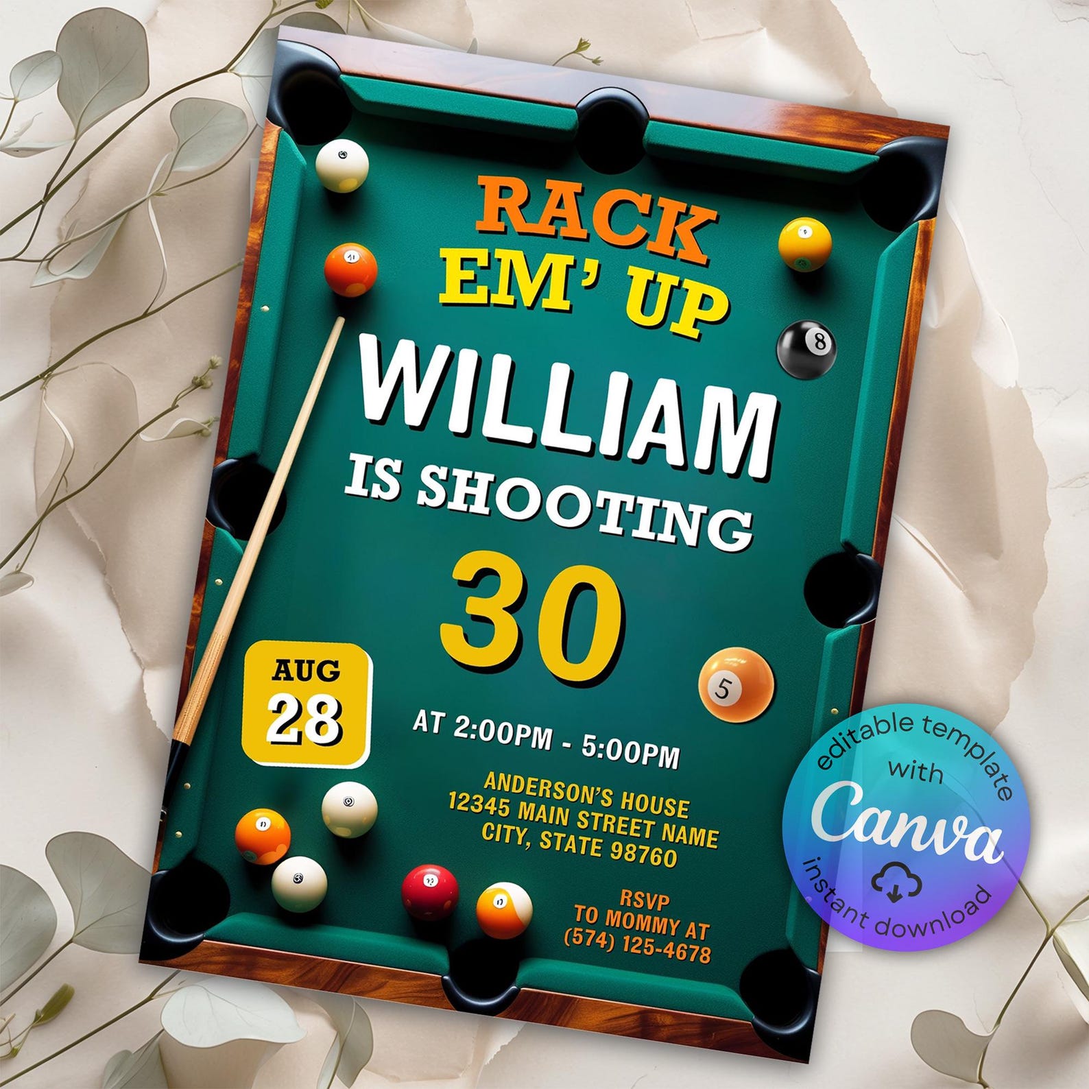 Snooker Pool Billiards Birthday Invitation, Billiards Invitation ...