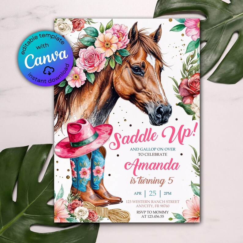 Editable Horse Birthday Invitation, Horse Cowgirl Invitation, Floral ...
