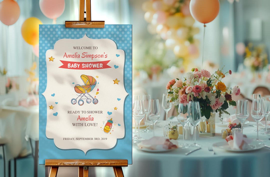 Blue Baby Shower Welcome Sign: Stroller Theme (printable Canva Template ...