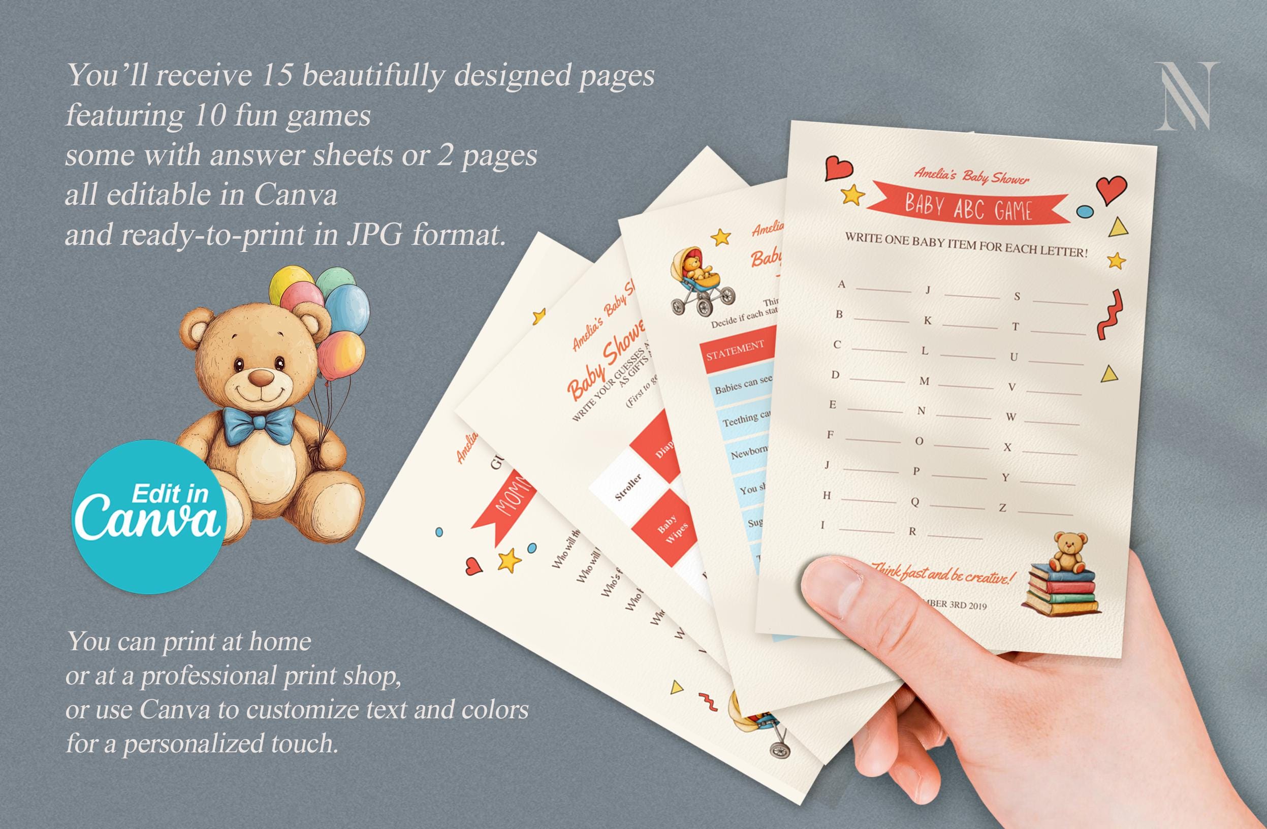 Teddy Bear Baby Shower Game Bundle: 10 Printable Games (canva Editable ...