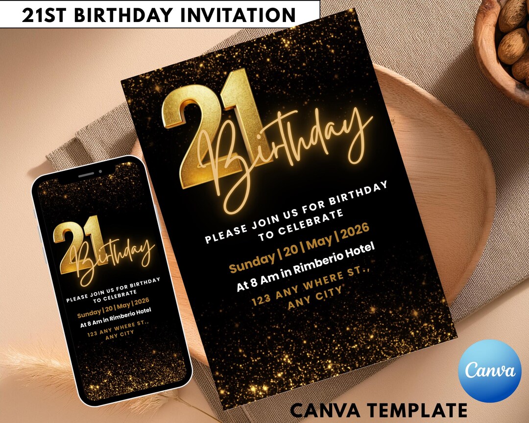 Modern 21st Birthday Party Invitation: Editable Canva Template (digital ...