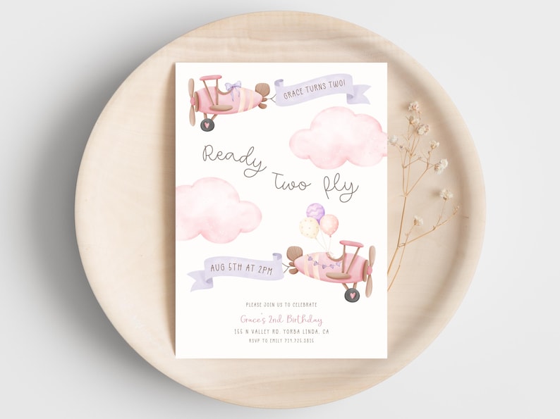 Airplane Birthday Invitation | Ready Two Fly | Girl Airplane 2nd ...