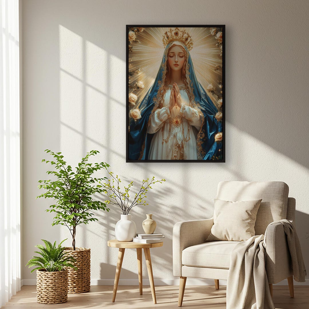 Framed Virgin Mary Poster, Blue and White Crowned Art Print, Queen of ...