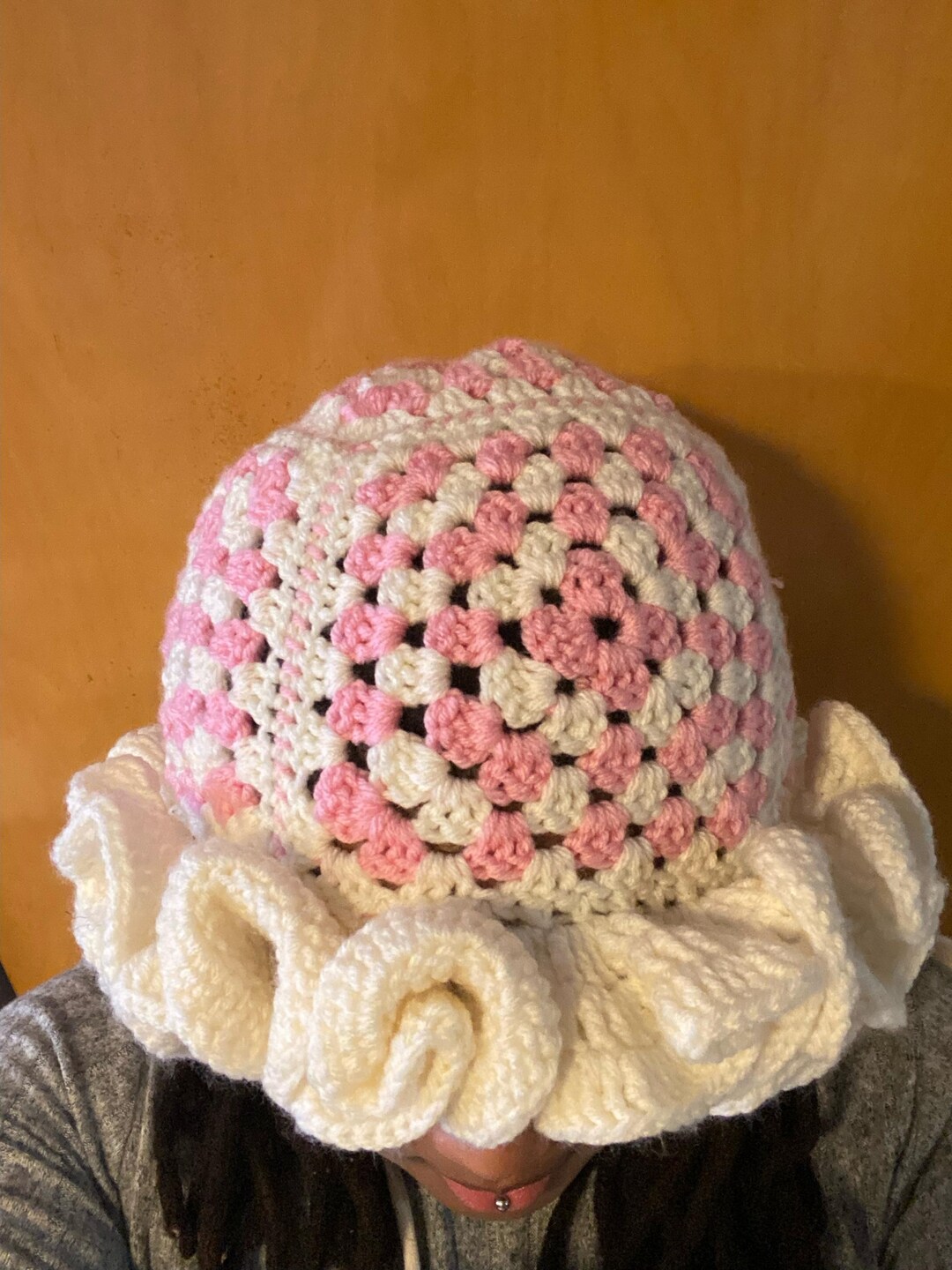 Crocheted Granny Square Hat With Ruffled Rim - Etsy