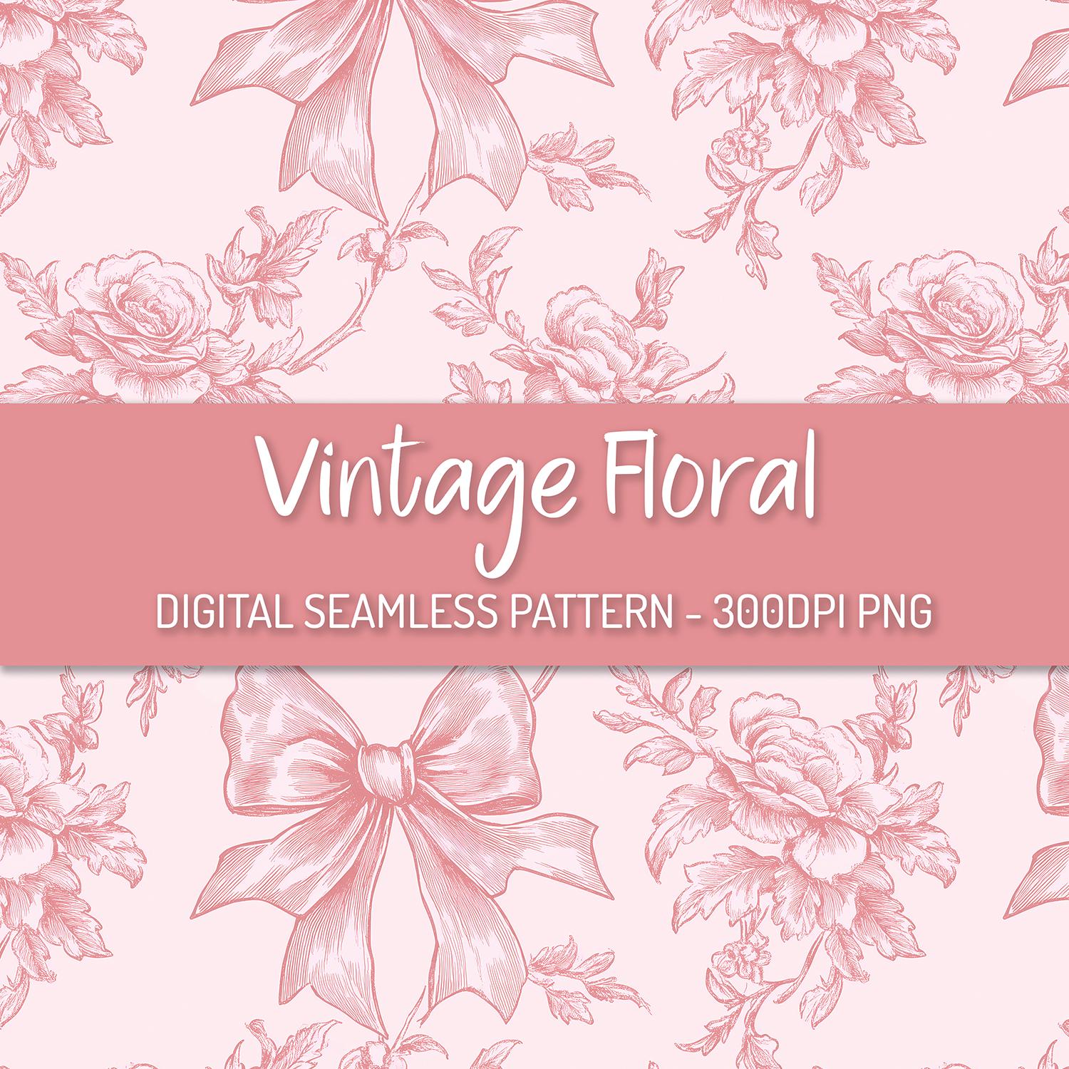 Vintage Floral Seamless Pattern, Pink Toile Coquette Bow PNG, Digital ...