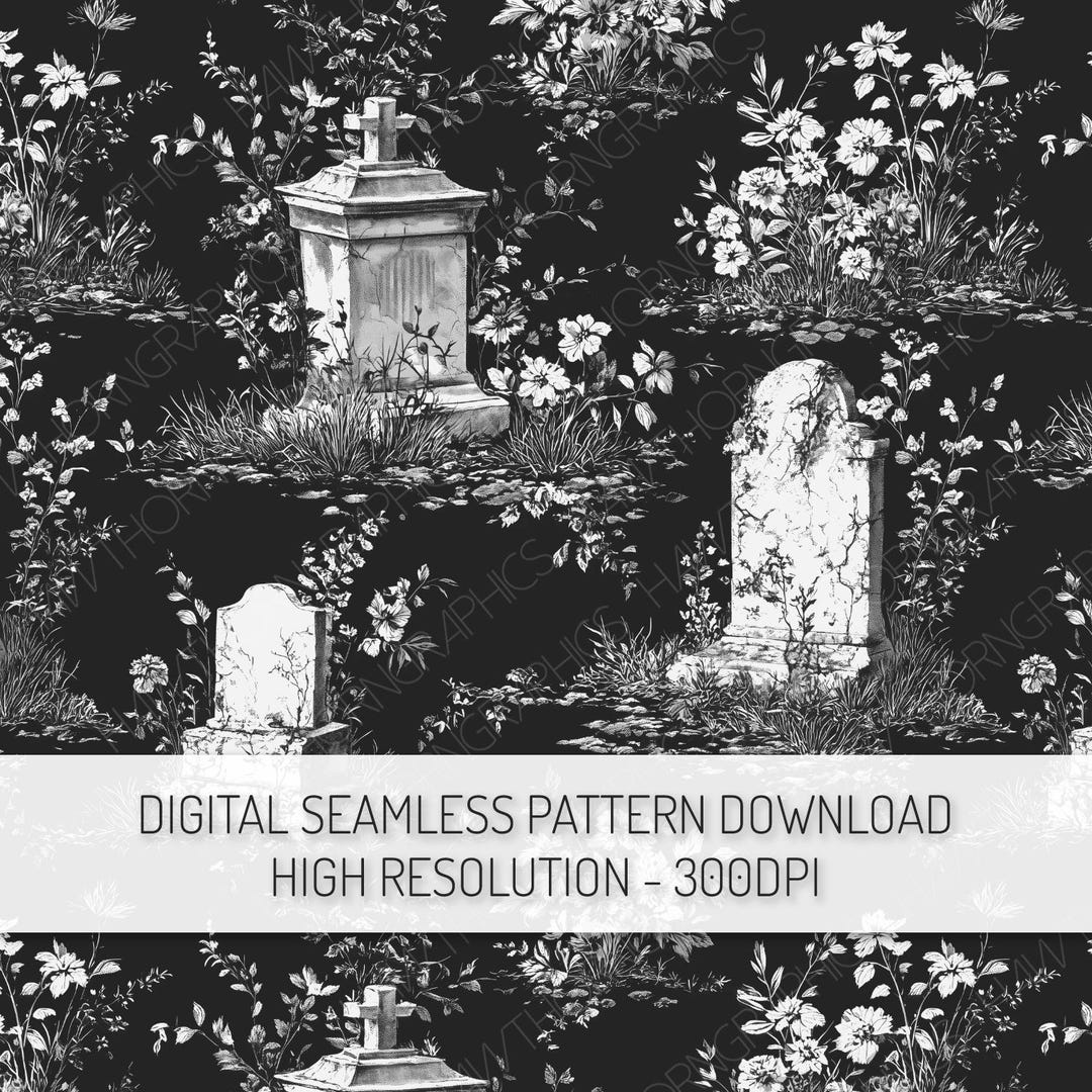 Graveyard Floral Toile Seamless Pattern PNG Digital Download, Gothic ...