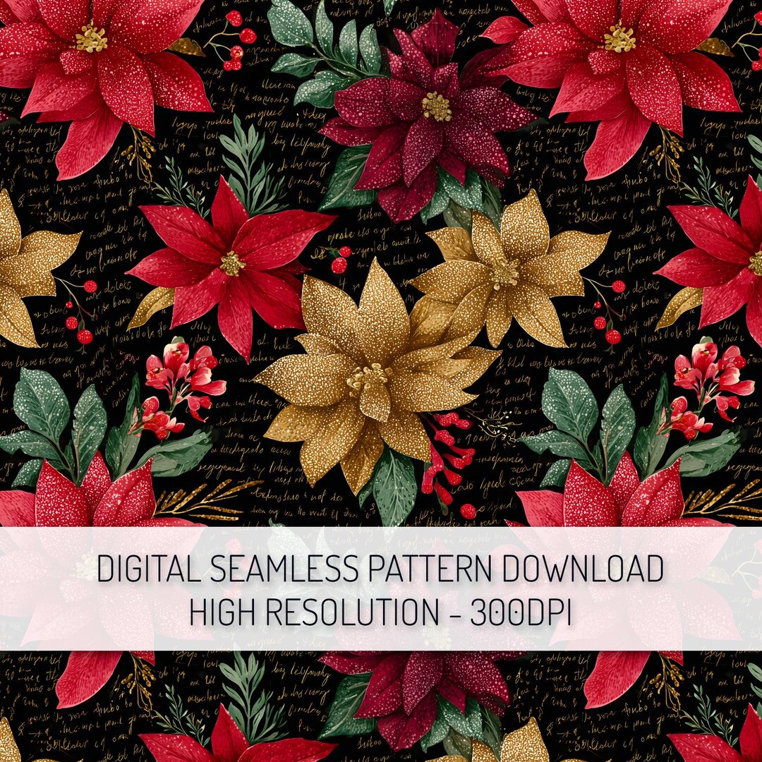 Christmas Poinsettia Seamless Pattern PNG Digital Download, Christmas ...