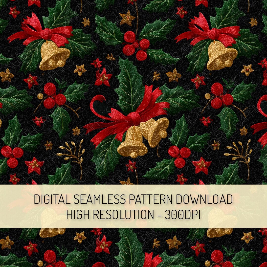 Christmas Bells Seamless Pattern PNG Digital Download, Holly Leaf ...