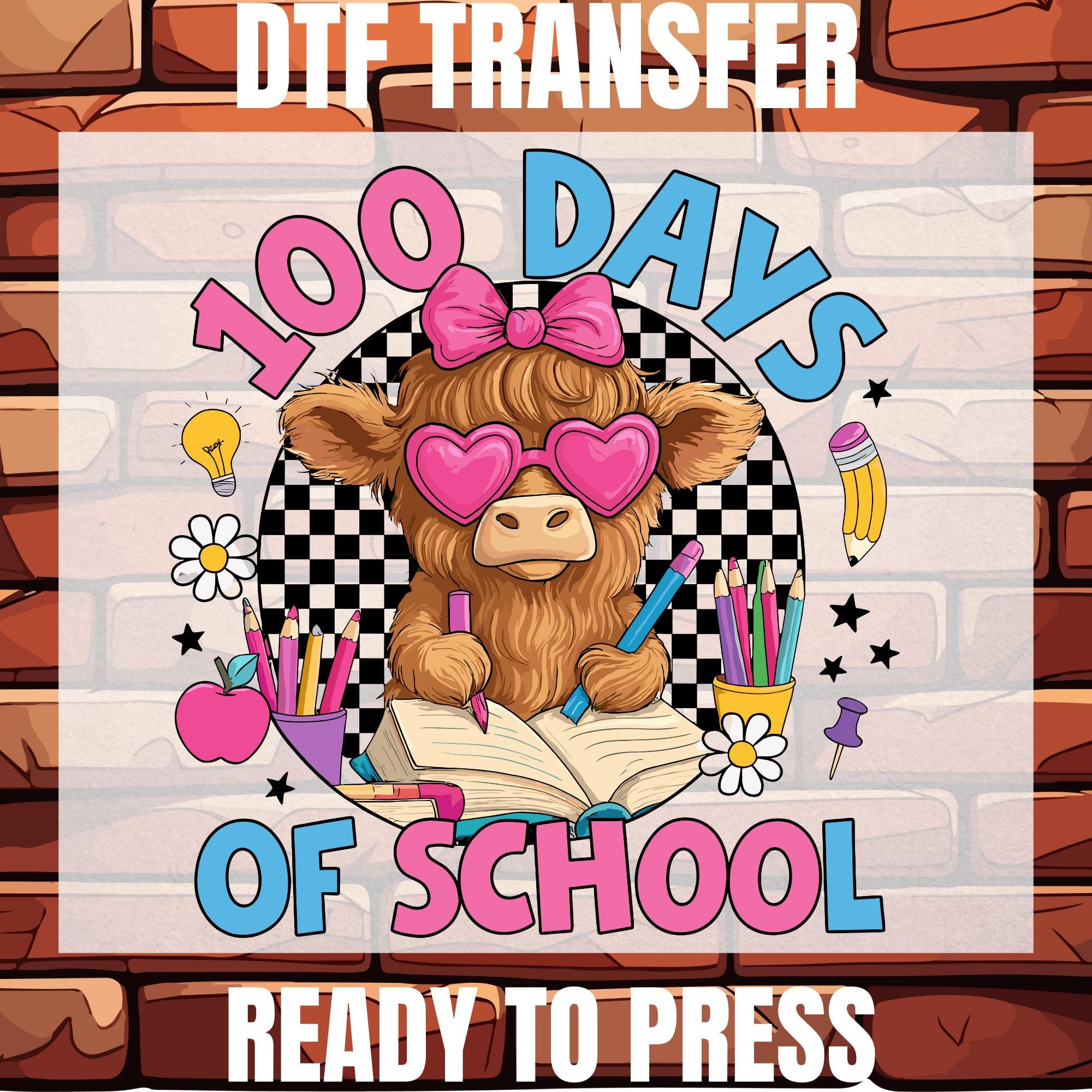 Highland Cow 100 Days of School DTF Heat Transfer: Kids School Design ...