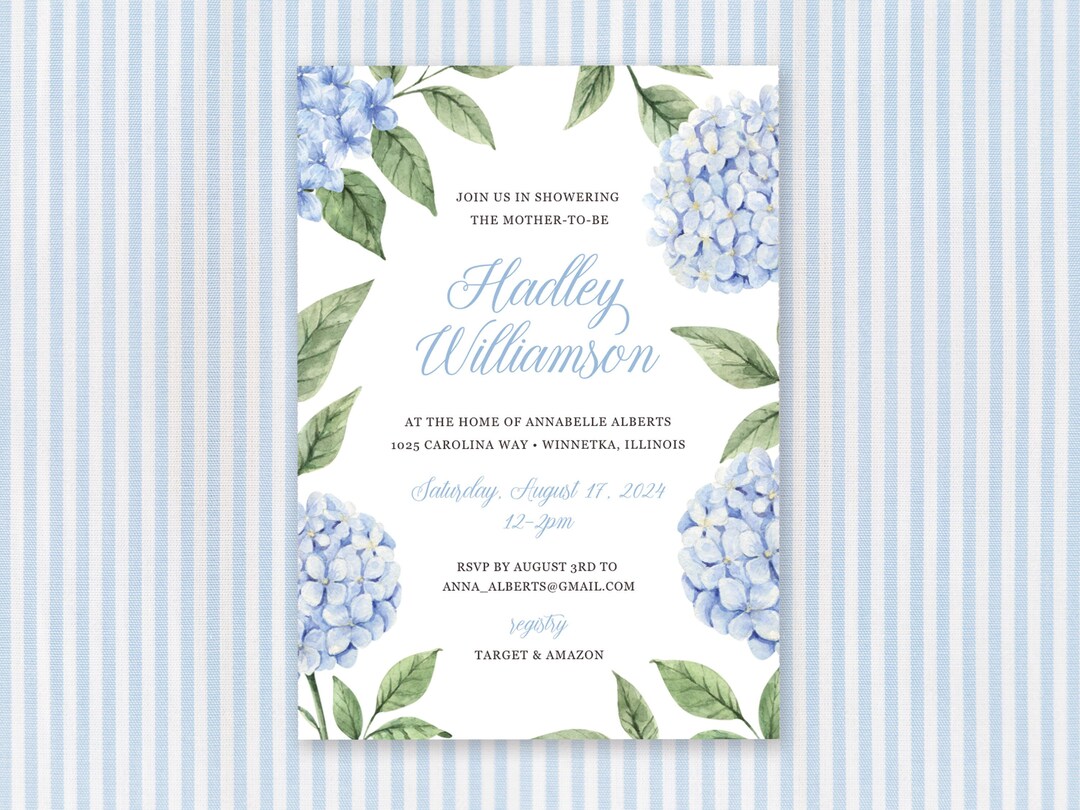 Editable Blue Hydrangea Invitation, Floral Baby Bridal Shower Invite ...
