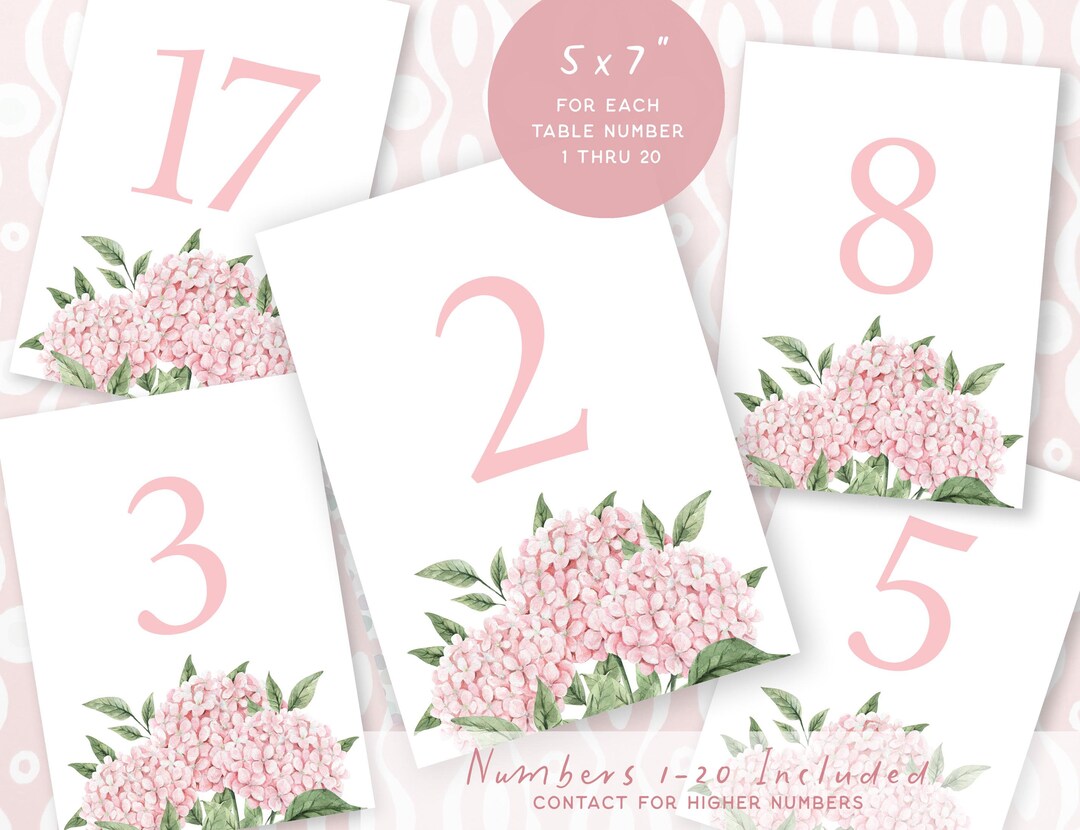Table Numbers - Pink Hydrangea - Baby Shower - Bridal Shower - Wedding ...