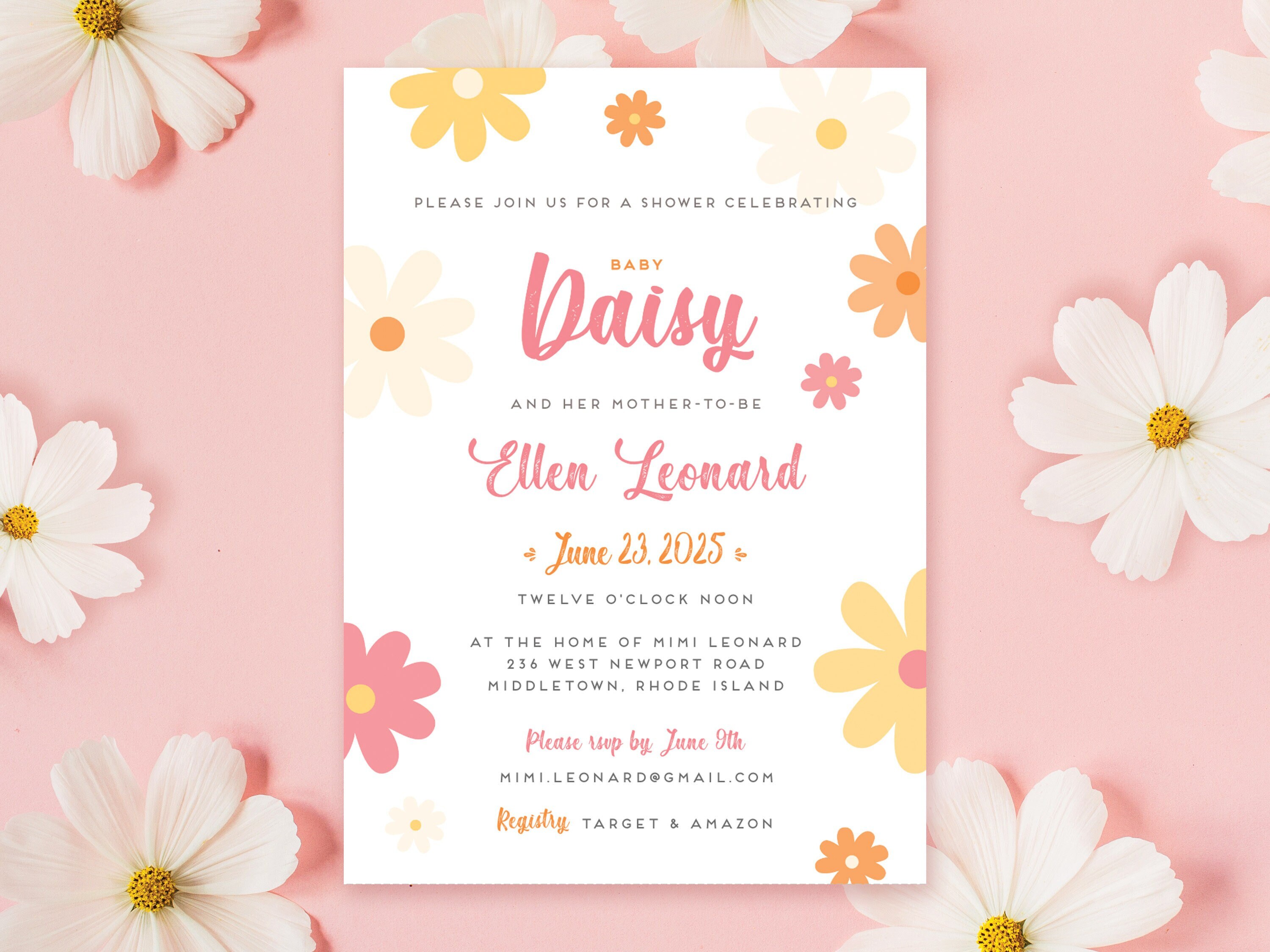 Editable Daisy Flower Baby Shower Invitation, Retro Pink Orange Yellow ...