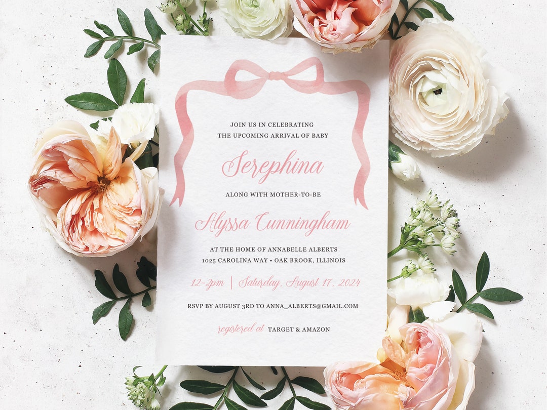 Editable Pink Bow Baby Shower Invitation, Watercolor Bow, Digital ...