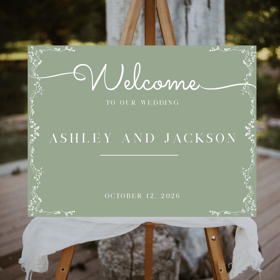 Olive Green Wedding Welcome Sign | Horizontal Floral Sign Template ...