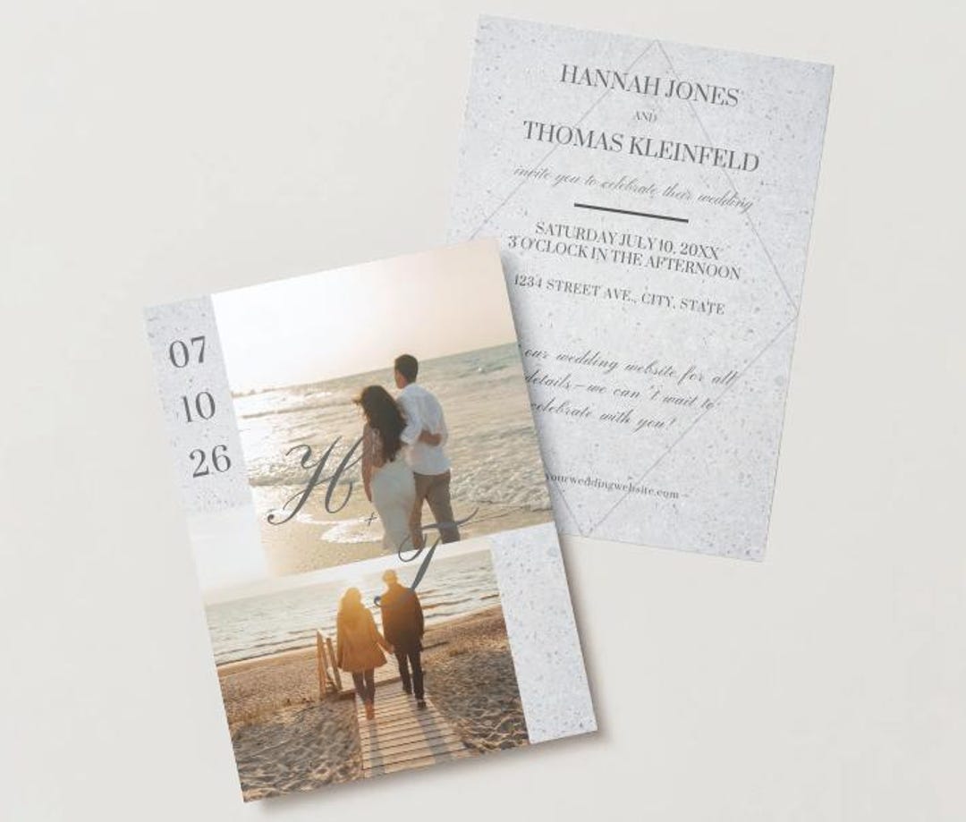 Beachy Stone Wedding Invitation Template | Custom Photo Digital Invite With Vertical Date ...