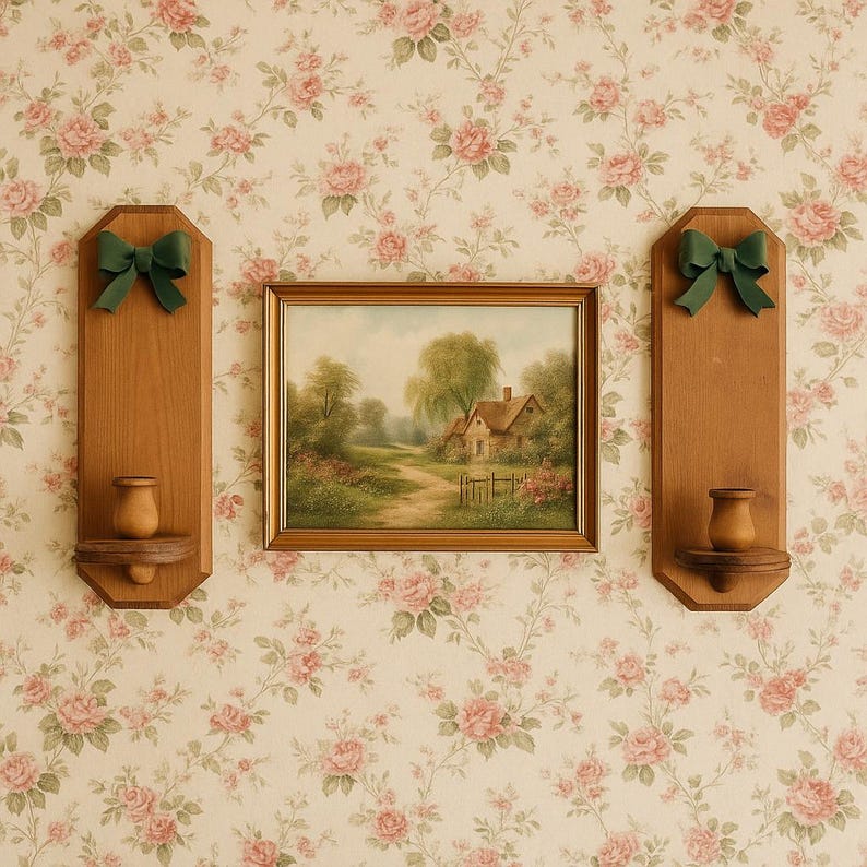 Vintage Wood Candle Wall Sconce Set With Green Bows, 80s Country ...