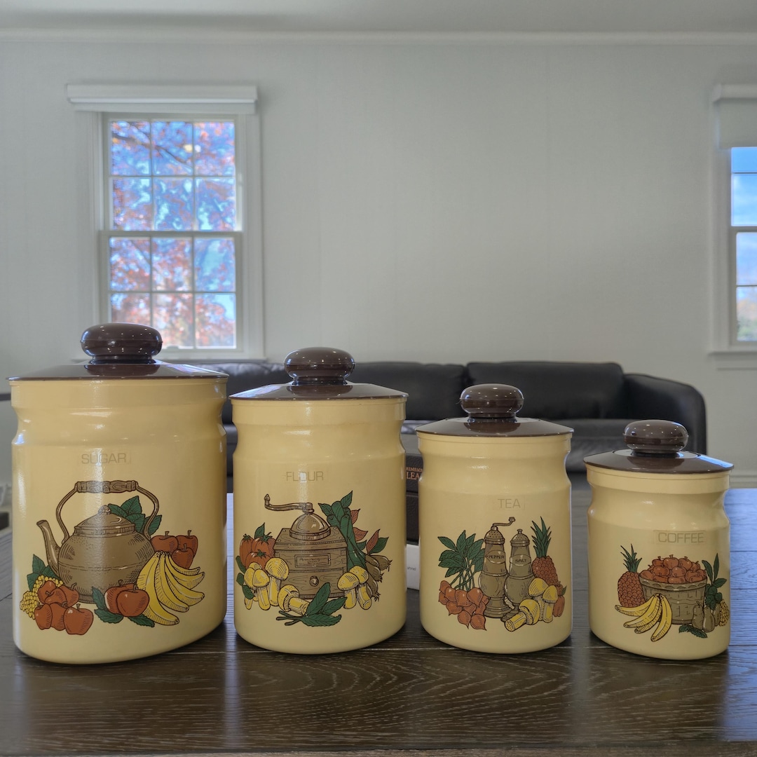 Vintage 1970s Kitchen Canister Set Retro Fruit Design Tin Canisters ...