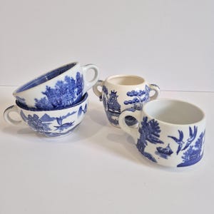 Vintage Blue and White Transferware Cup Set Mismatched Set of 4 Teacups ...