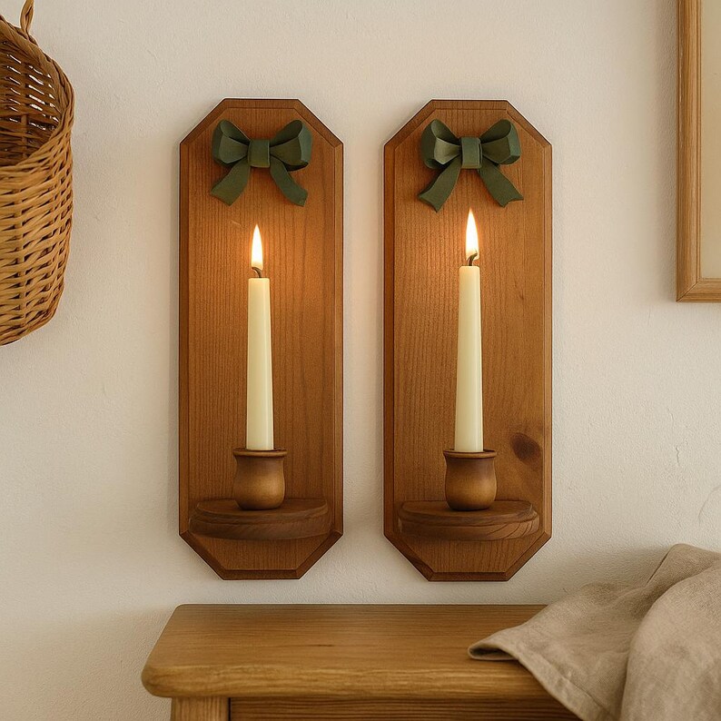 Vintage Wood Candle Wall Sconce Set With Green Bows, 80s Country ...