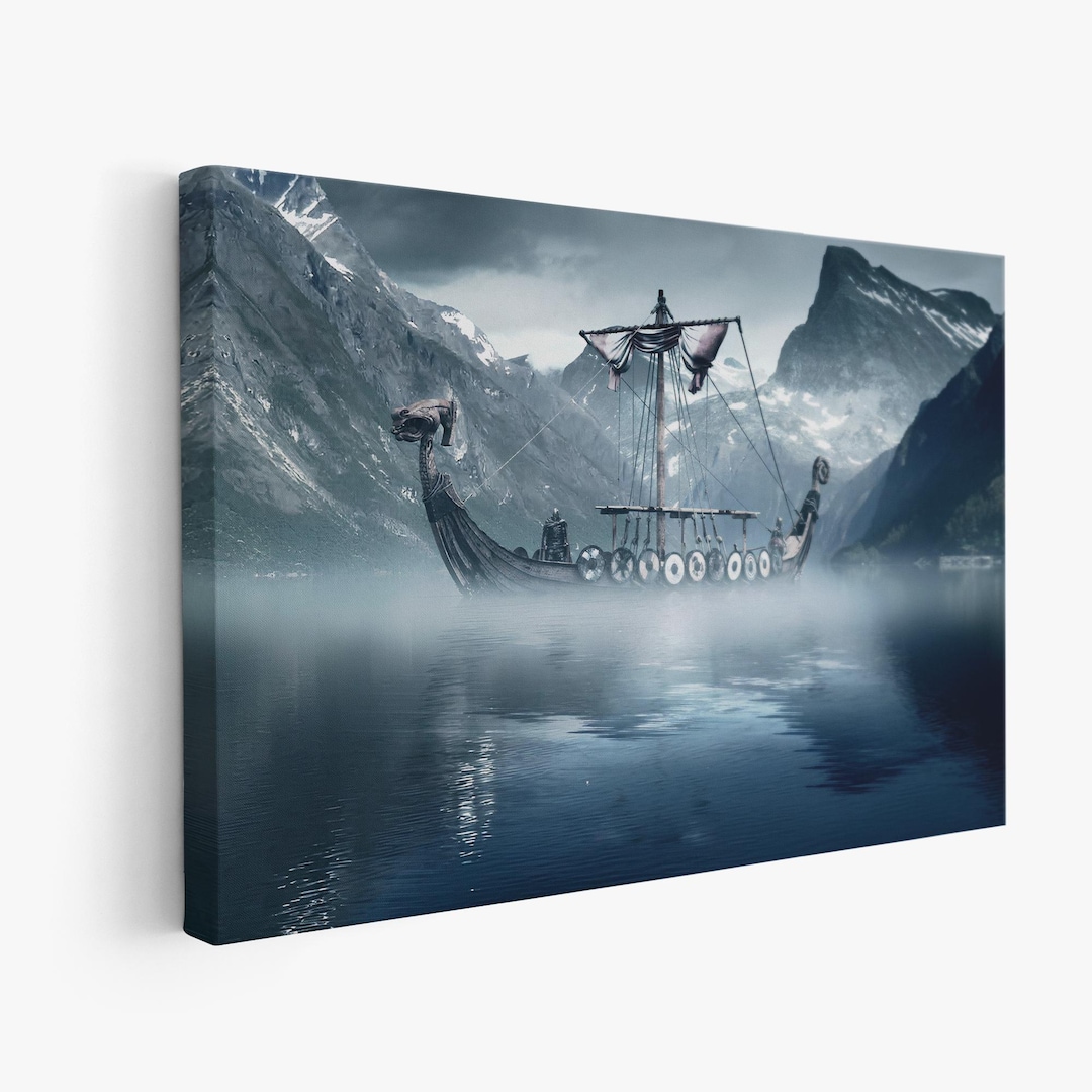 Viking Ship Canvas, Viking Ship in Misty Fjord With Snow Capped ...