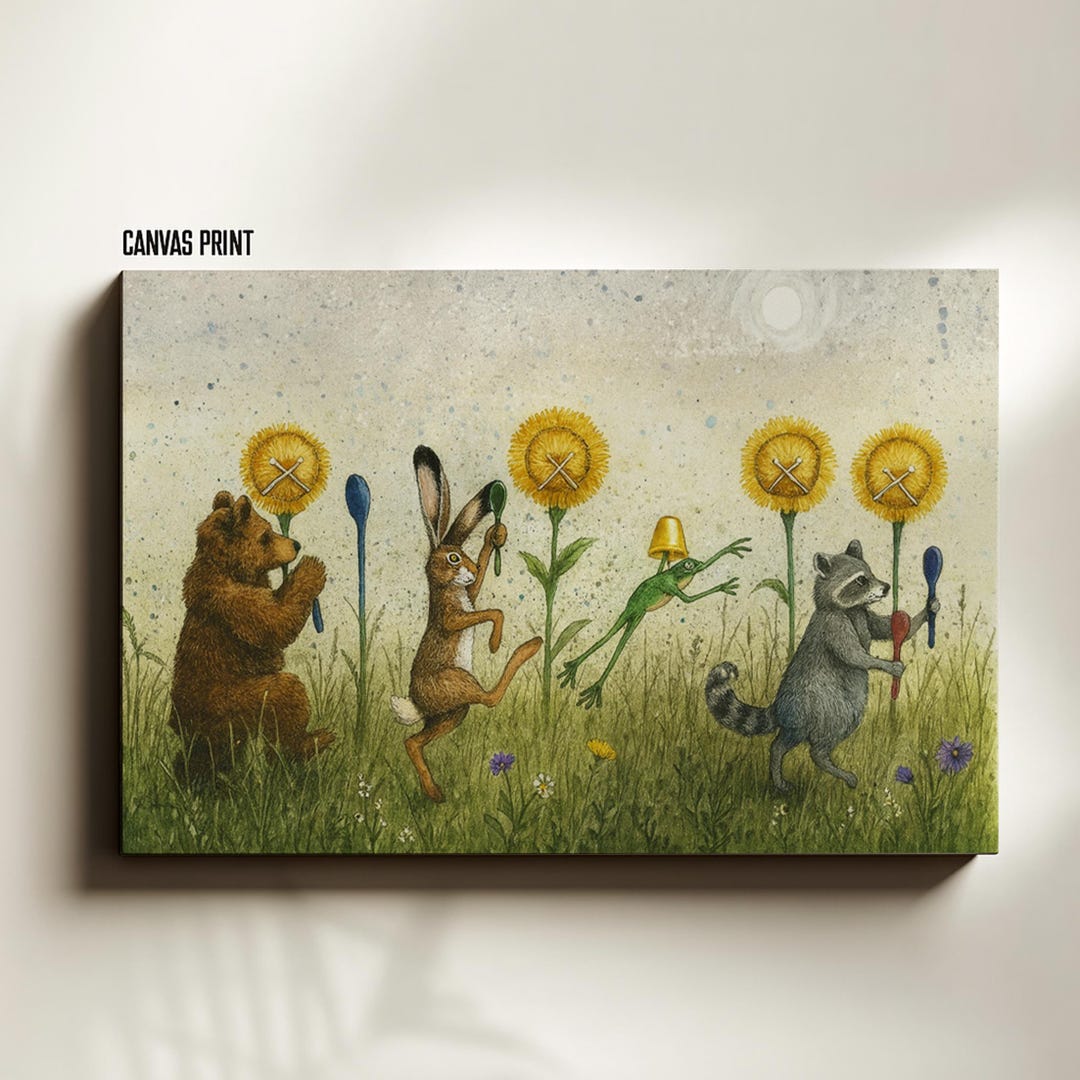 Whimsical Animal Parade Print, Bear Bunny Raccoon Frog Illustration ...