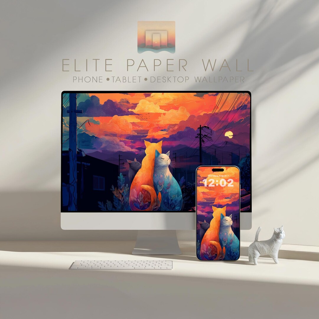 Sunset Cats Wallpaper Digital Download Colorful Sky Cat Art Background ...
