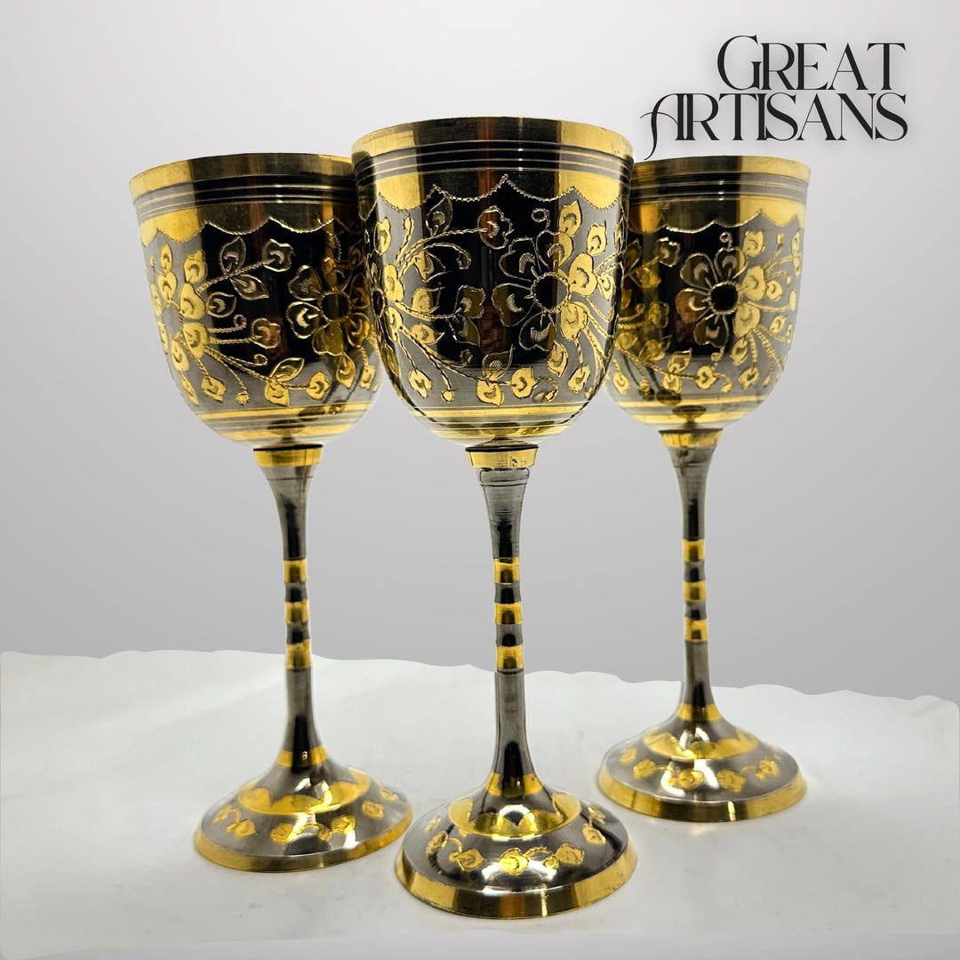 Golden Brass Wine Goblets With Custom Engraving | Set of 2 Handmade ...