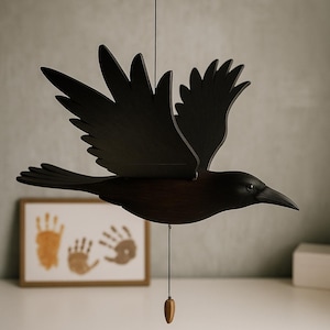 Wooden Raven Mobile – Handmade Flying Bird Decor With Moving Wings ...
