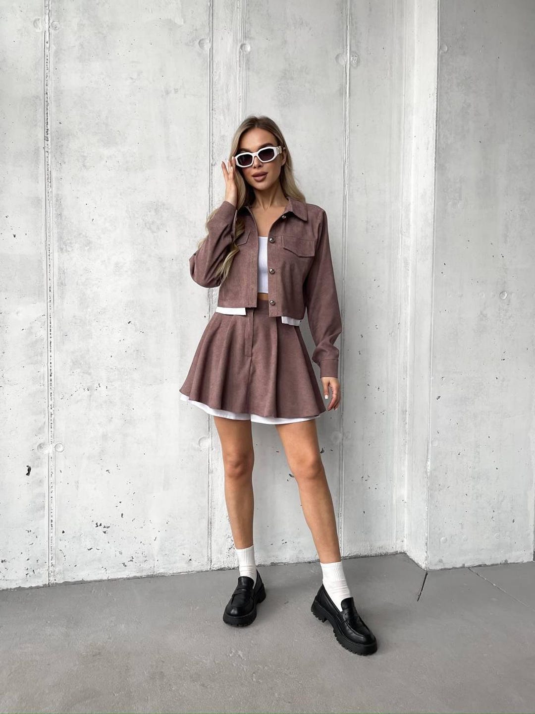 Chic Mocha Corduroy Jacket and Mini Skirt Set for Women – Retro Vibe ...