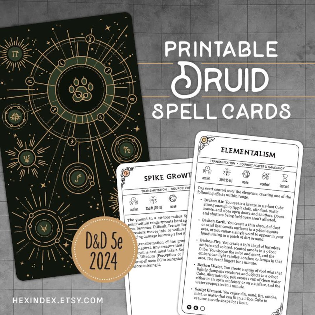 D&D 5e 2024 (5.5) Druid Spell Cards (printable) - Etsy
