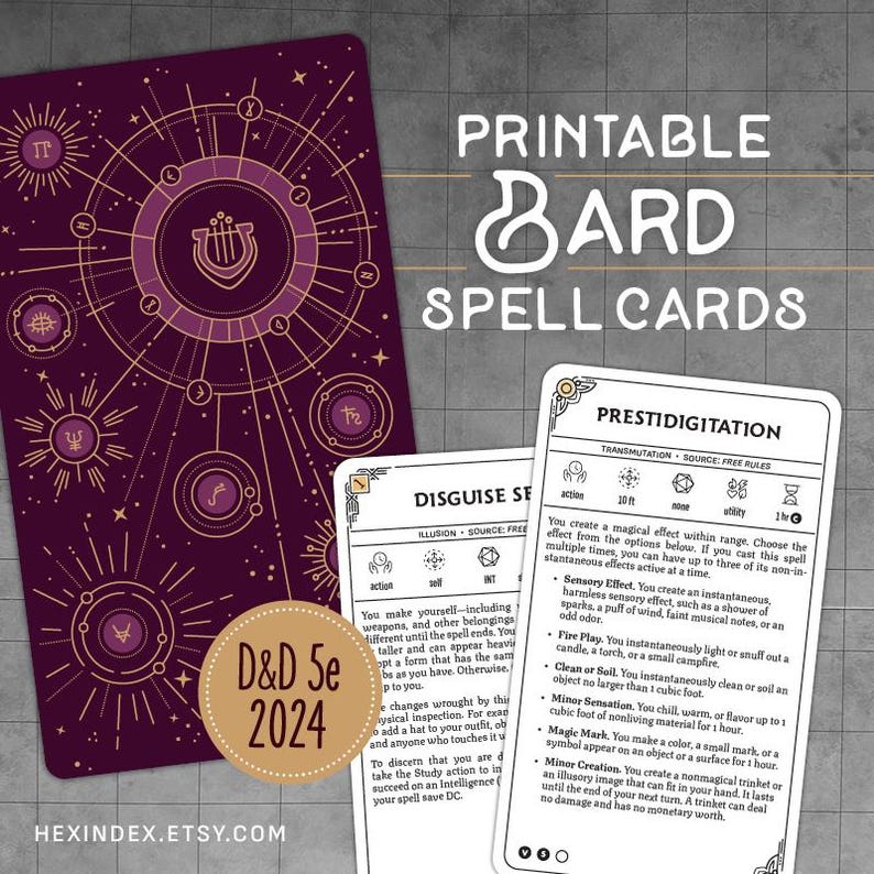 D&D 5e 2024 (5.5) Bard Spell Cards (printable) - Etsy