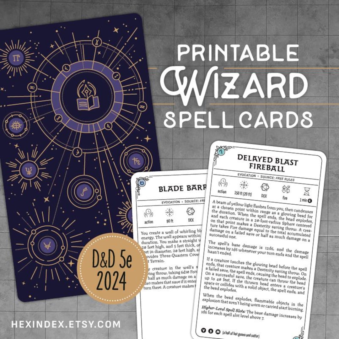 D&D 5e 2024 (5.5) Wizard Spell Cards (printable) - Etsy