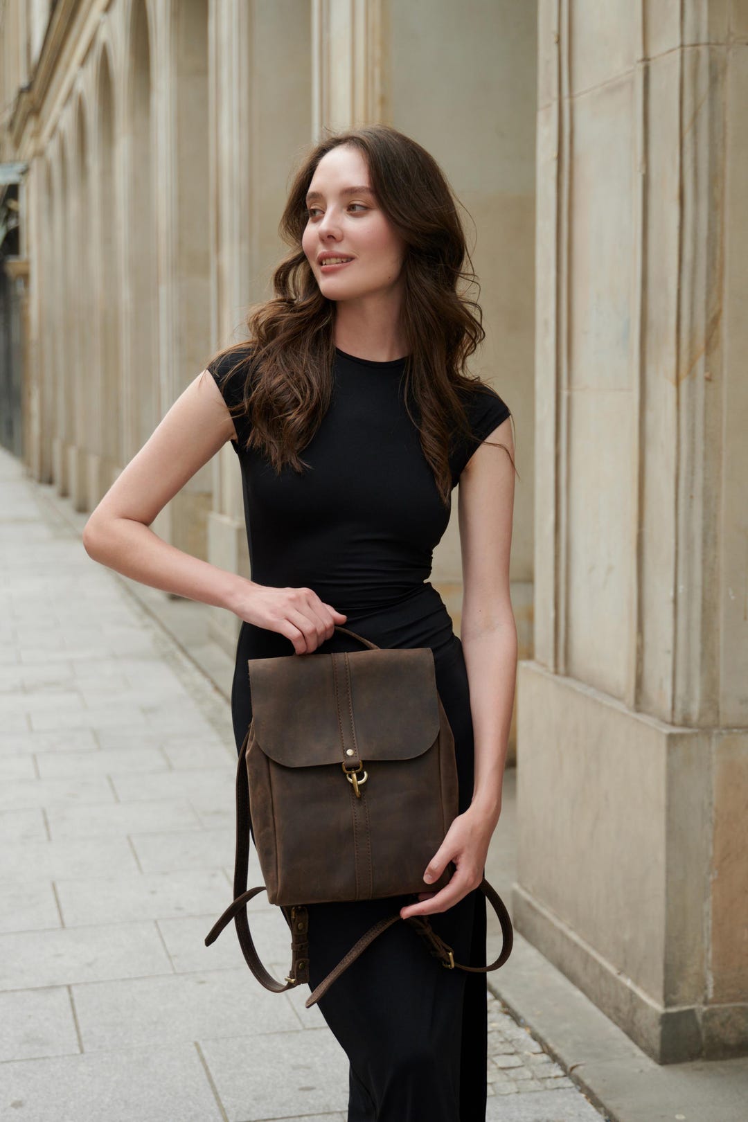Minimalist Brown Rucksack for Woman, Crazy Horse Leather Backpack ...