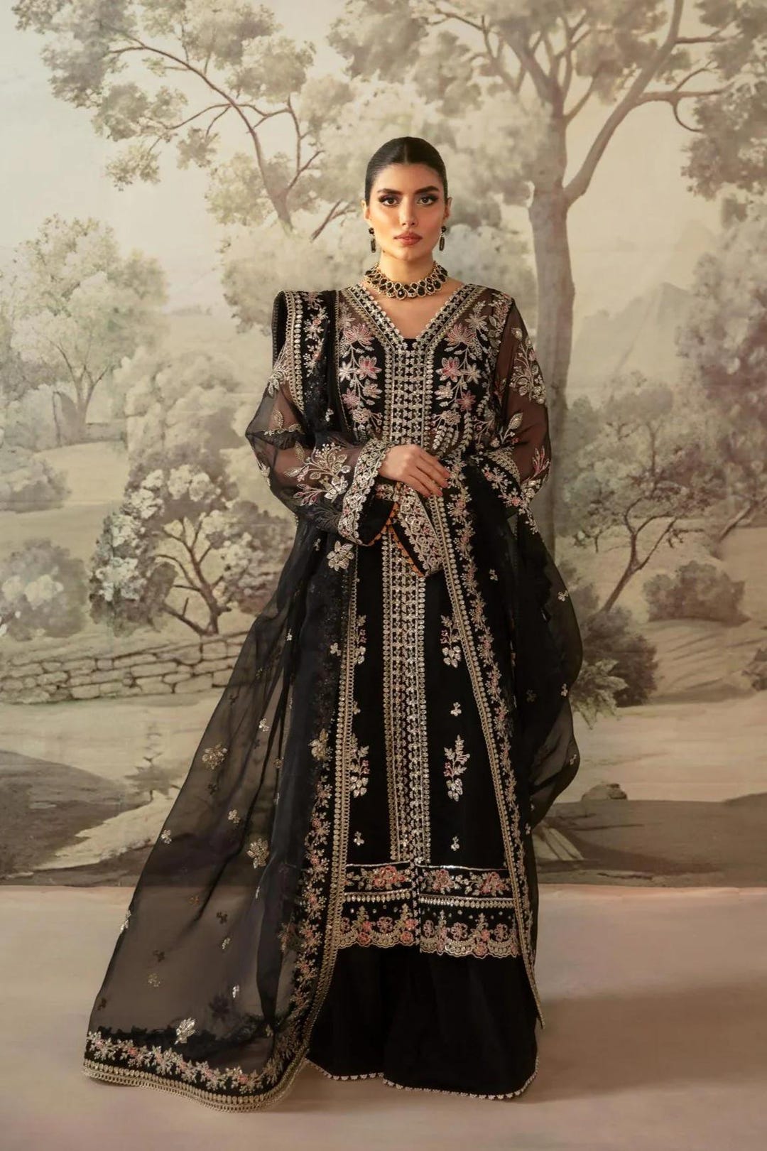 Exquisite Black Embroidered Sharara Suit for Women - Organza Salwar ...