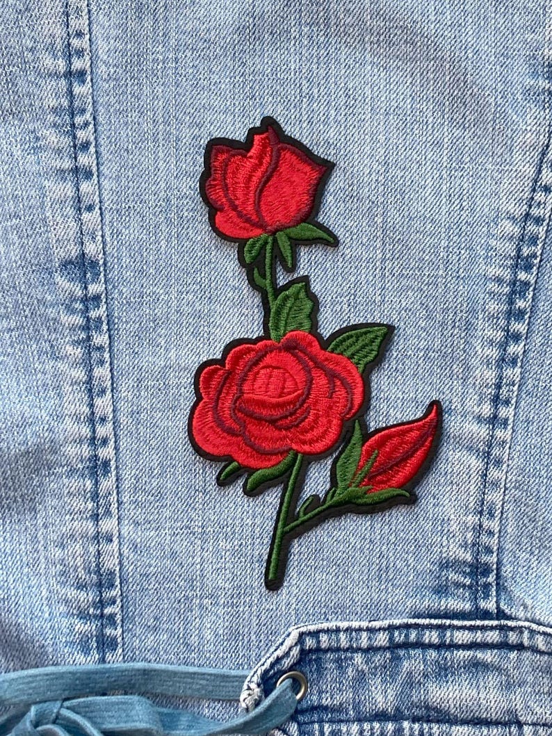 Rose Iron-on Embroidered Patch, Red Floral Full Embroidered Badge ...