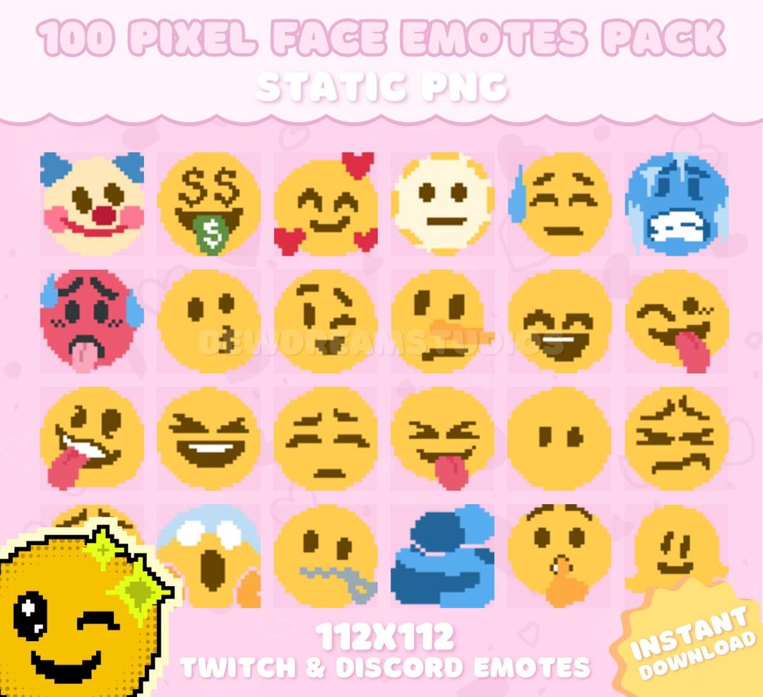 100 Pixel Face Emotes Pack for Twitch, Youtube, Discord, Kick | Emoji ...