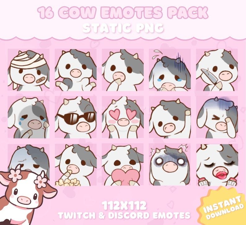 16 Cow Emotes Pack for Twitch, Youtube, Discord, Kick | Cute Cow Emotes ...