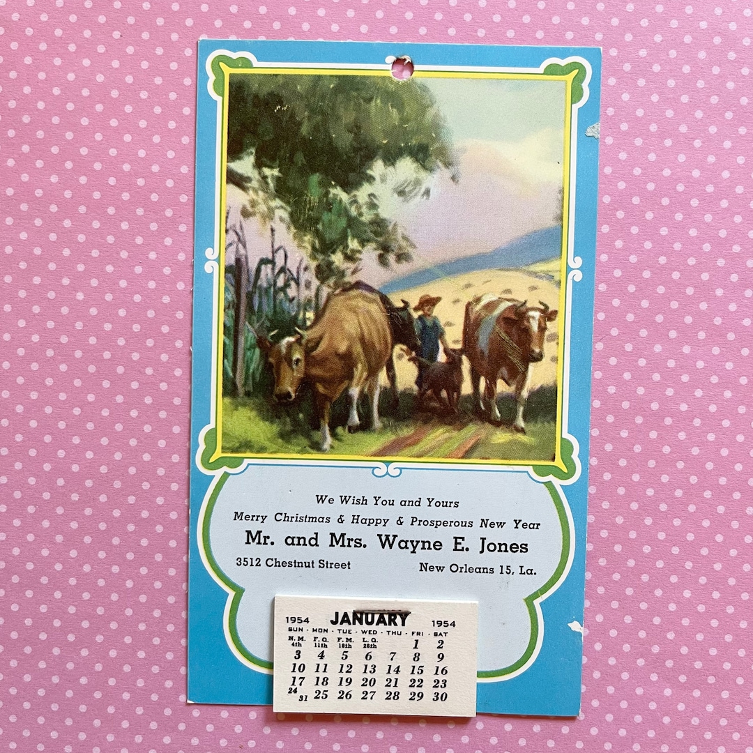1954 Calendar Christmas Card - Vintage Calendar - Full Date Pad - Cow ...