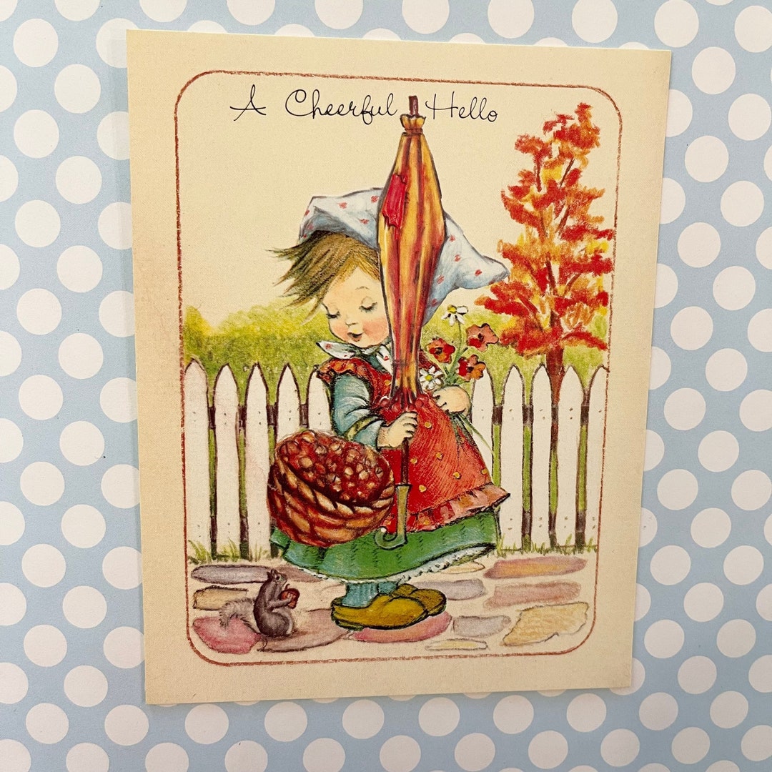 VTG 80s A Cheerful Hello Greeting Card, Little Girl W/ Basket of Acorns ...